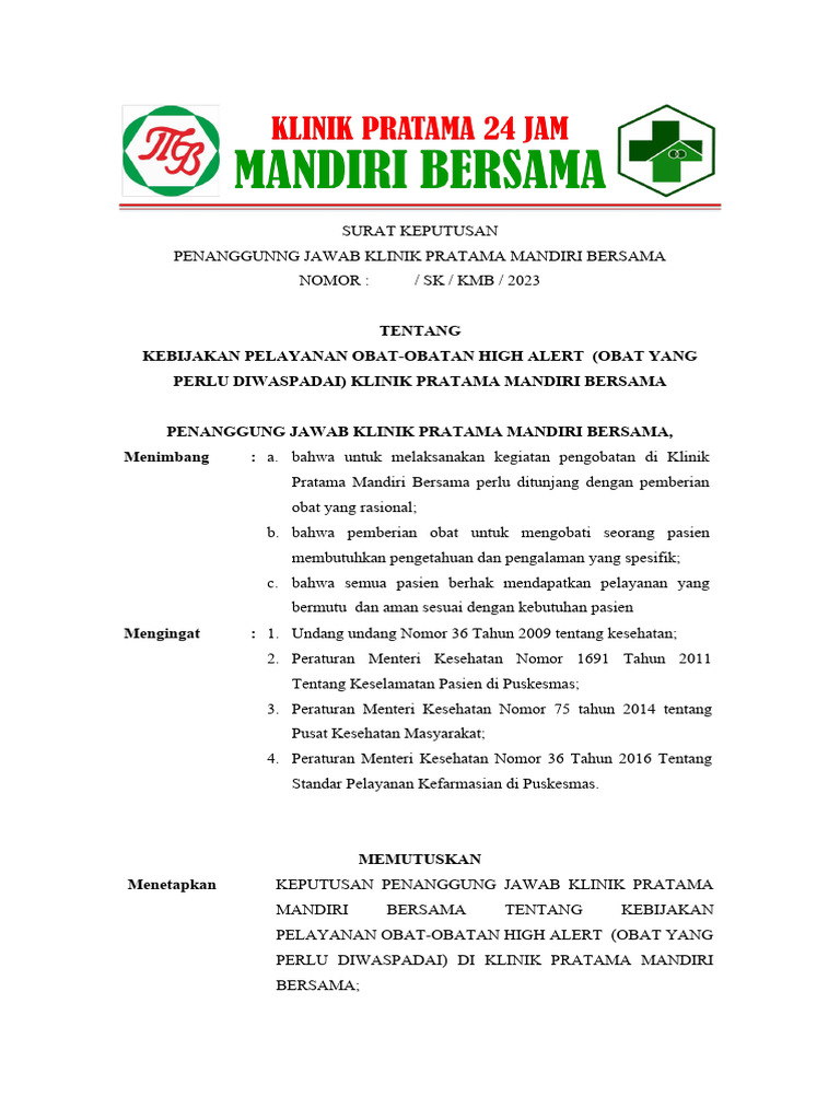 SK Pelayanan Obat High Alert | PDF | Pengembangan Diri