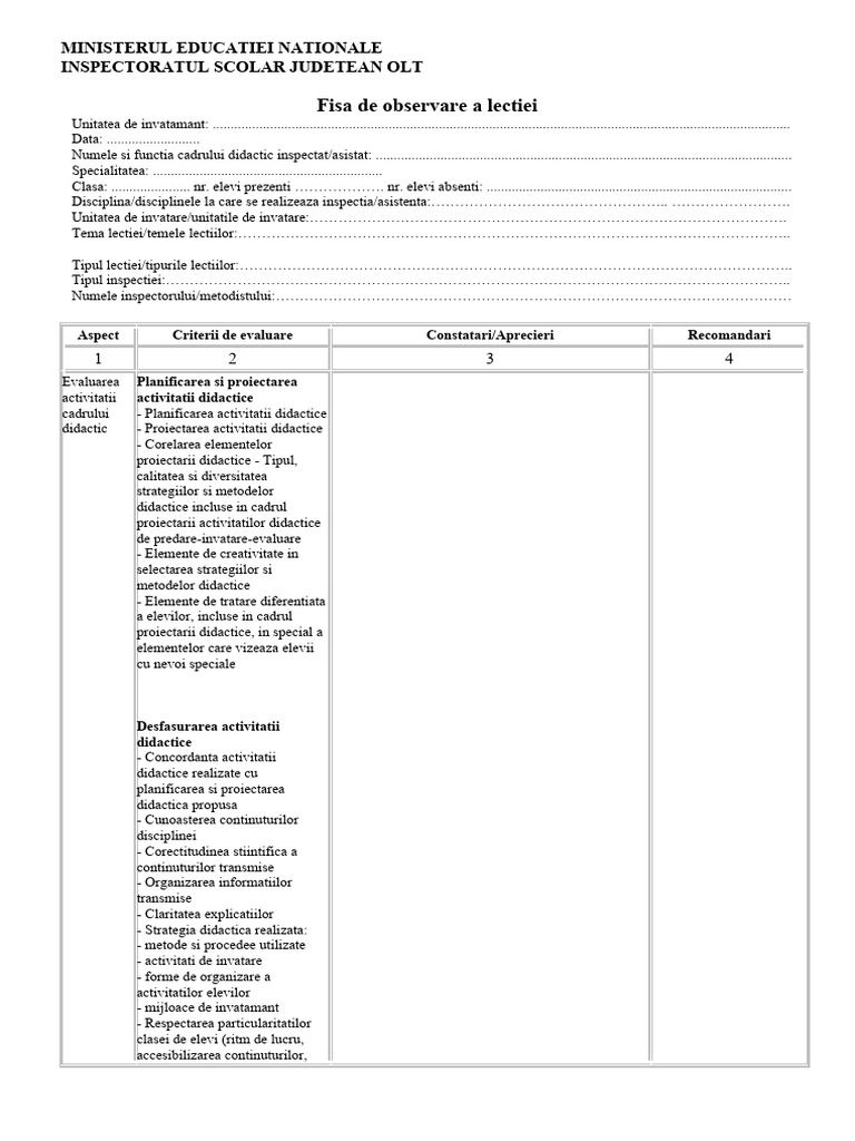 Fisa de Observare A Lectiei | PDF
