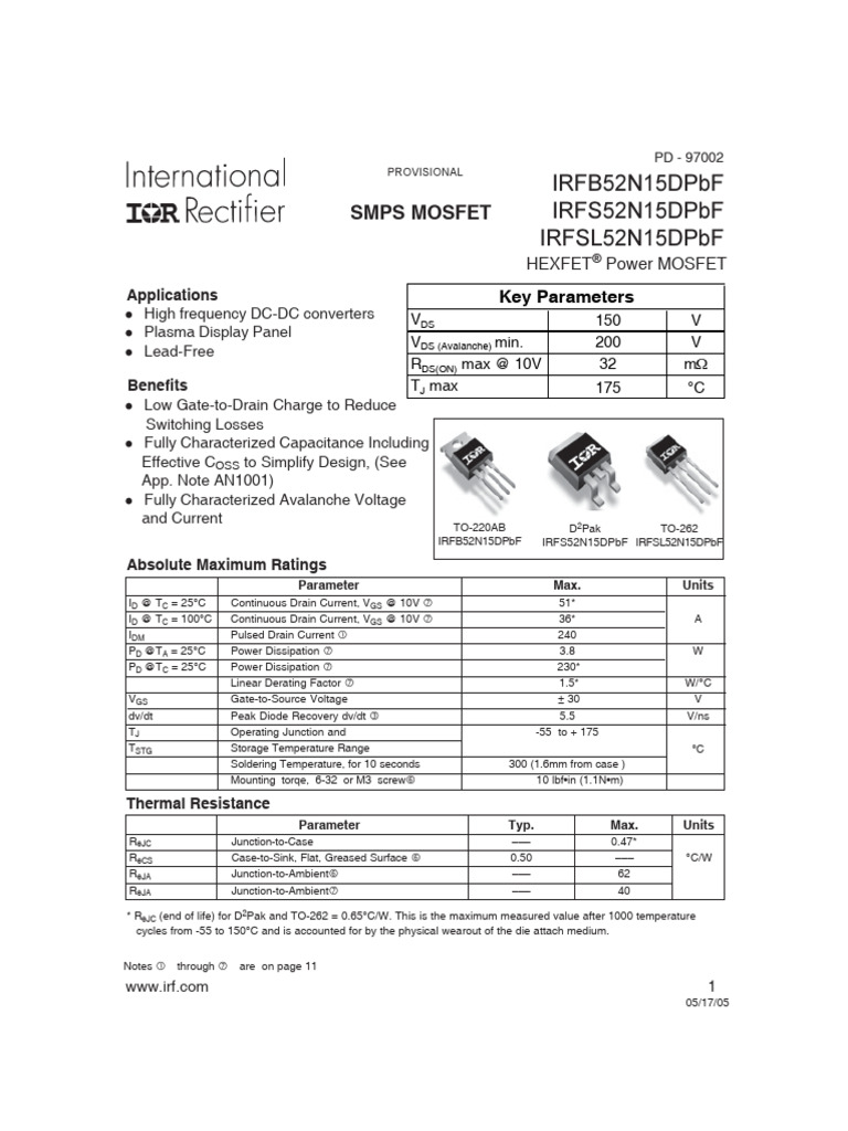 IRFB52N15D - International Rectifier | PDF | Field Effect Transistor ...