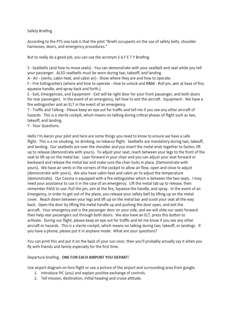 Safety Briefing and Departure Briefing Notes PPL | PDF | Seat Belt | Runway