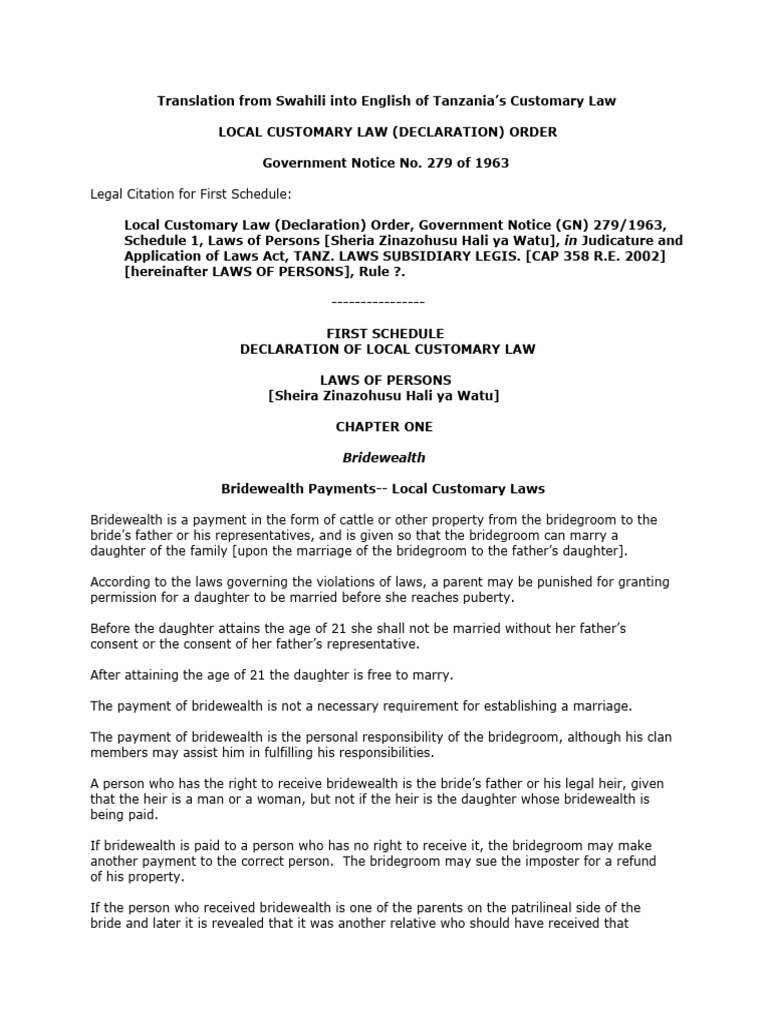 Tanzania - Local Customary Law 279 - 1963 1 | PDF | Adultery | Marriage