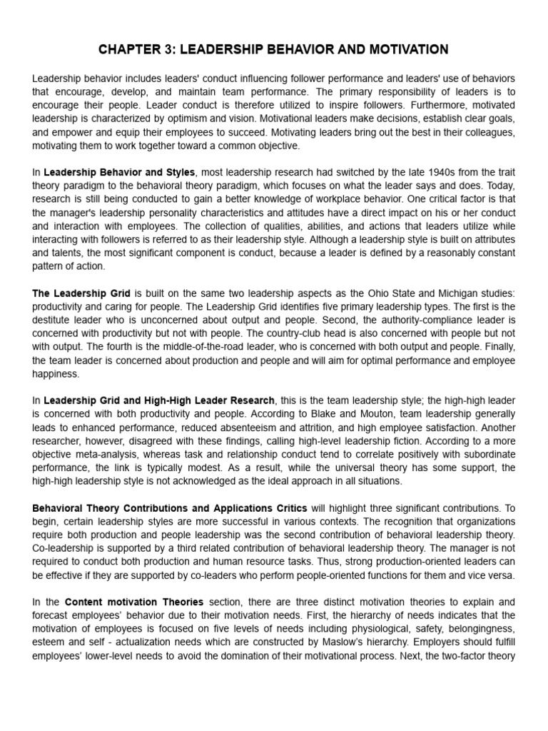 Summary Chapter 3 | PDF | Leadership | Motivational