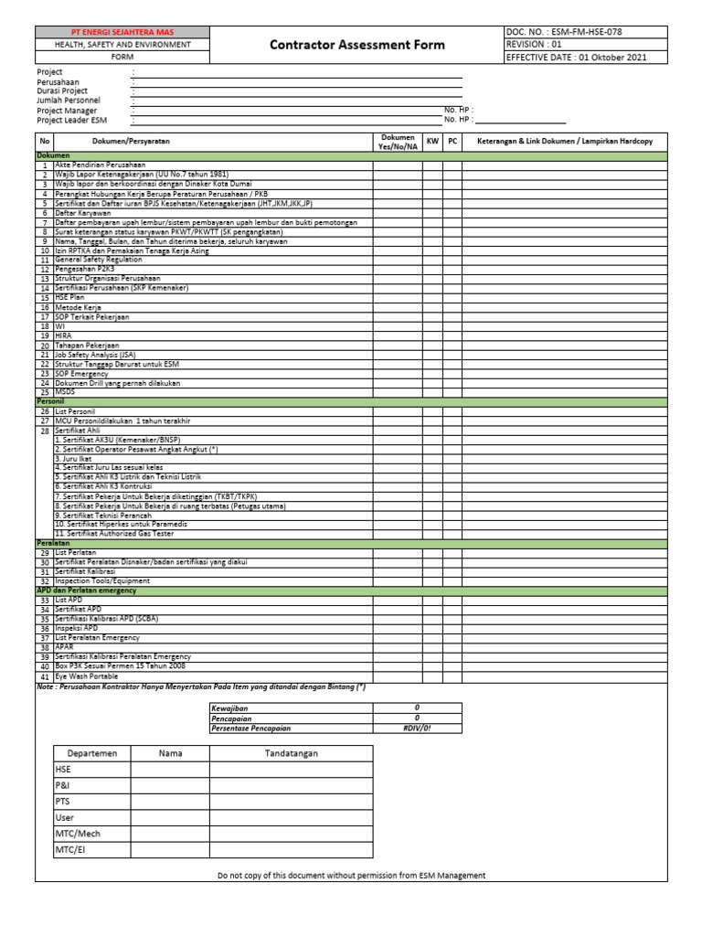 Contractor Assessment Form Kosong | PDF
