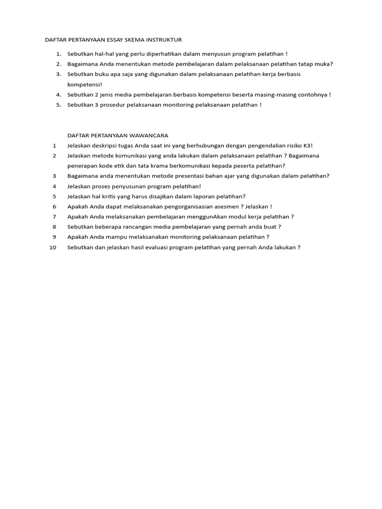 CONTOH DAFTAR PERTANYAAN ESSAY Dan WAWANCARA SKEMA INSTRUKTUR | PDF
