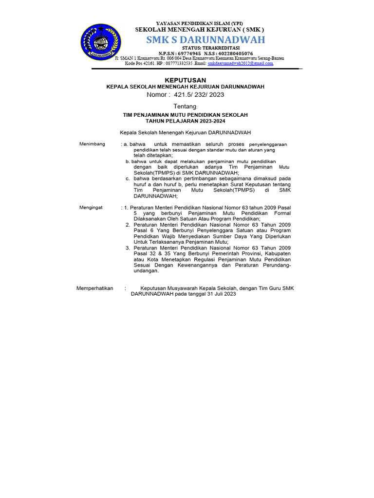 SK Tim Penjaminan Mutu Sekolah | PDF