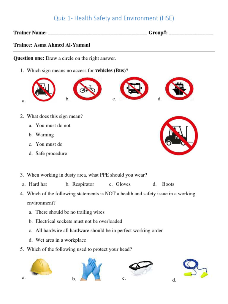 HSE Quiz 1: Health and Safety Answers | PDF | Labor Relations | Workplace
