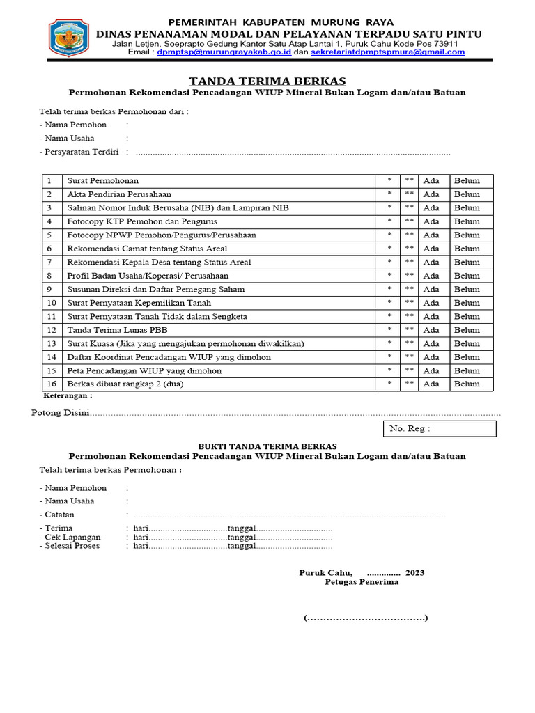 List Tanda Terima Berkas Rekomendasi WIUP | PDF