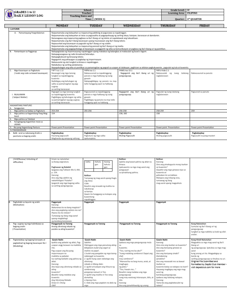 DLL - Filipino 4 - Q4 - W1 | PDF