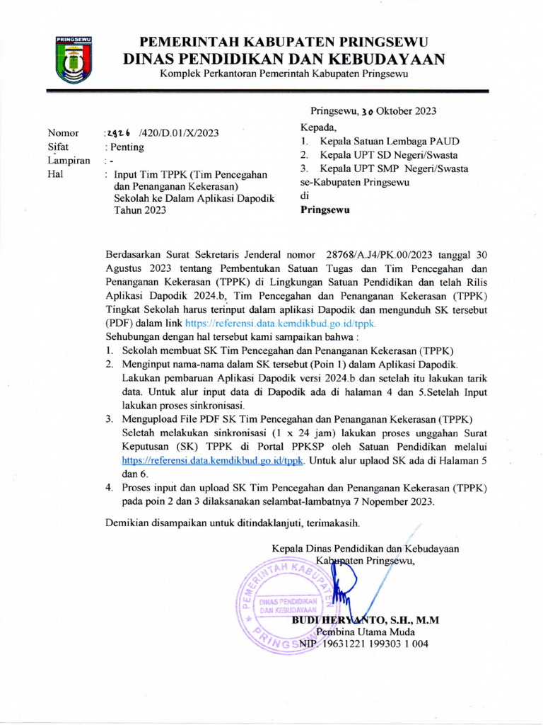 40. a. Surat Input TPPK Dalam Dapodik | PDF