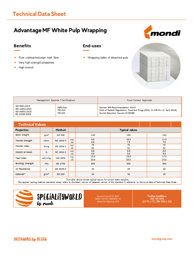 Mondi SPKP Tds Advantage MF White Pulp Wrapping | PDF | Technology & Engineering