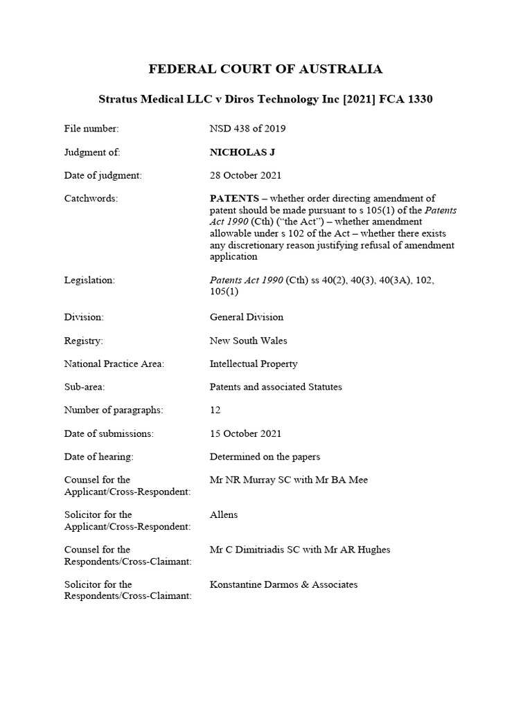 Stratus Medical LLC V Diros Technology Inc (2021) FCA 1330 | PDF ...