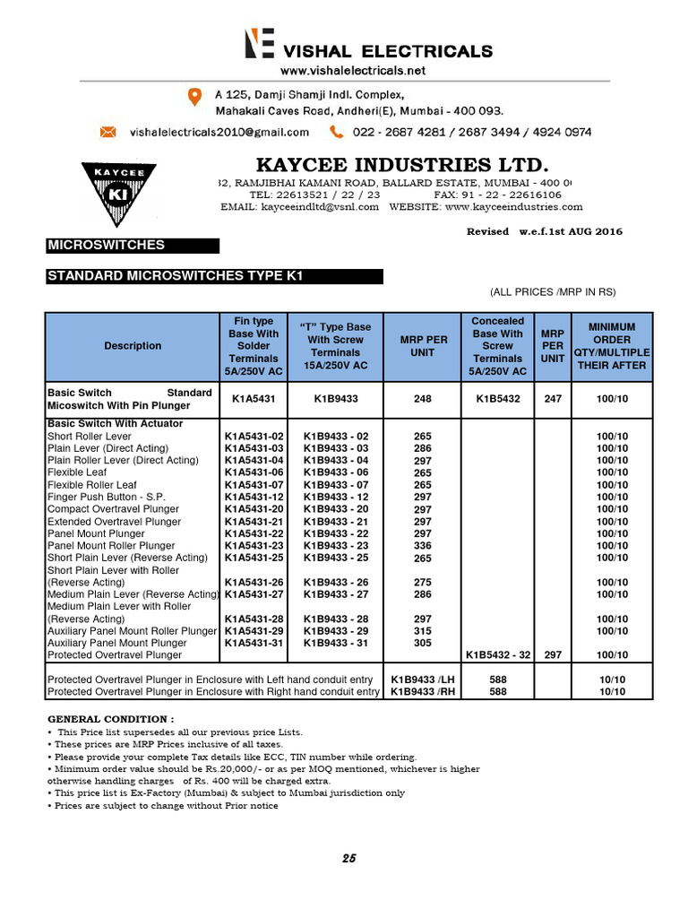 Kaycee Industries Microswitch Price List | PDF | Switch | Components