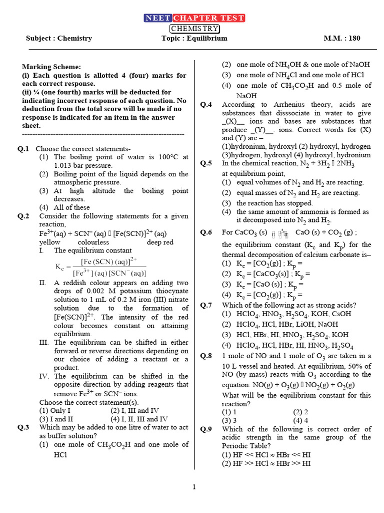 XI-Chemistry Chapter Test-7-Equilibrium | PDF | Chemical Equilibrium | Acid XI-Chemistry Chapter Test-7-Equilibrium | PDF | Chemical Equilibrium | Acid