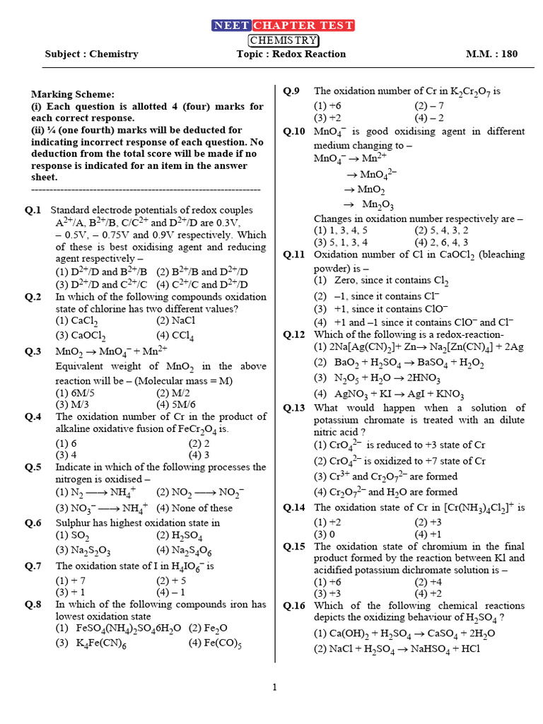 XI-Chemistry Chapter Test-8-Redox Reaction | PDF | Redox | Chlorine