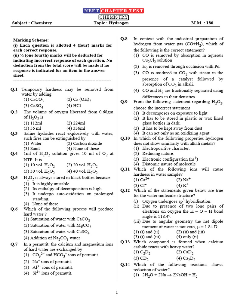 XI-Chemistry Chapter Test-9-Hydrogen | PDF | Hydrogen | Hydrogen Peroxide XI-Chemistry Chapter Test-9-Hydrogen | PDF | Hydrogen | Hydrogen Peroxide