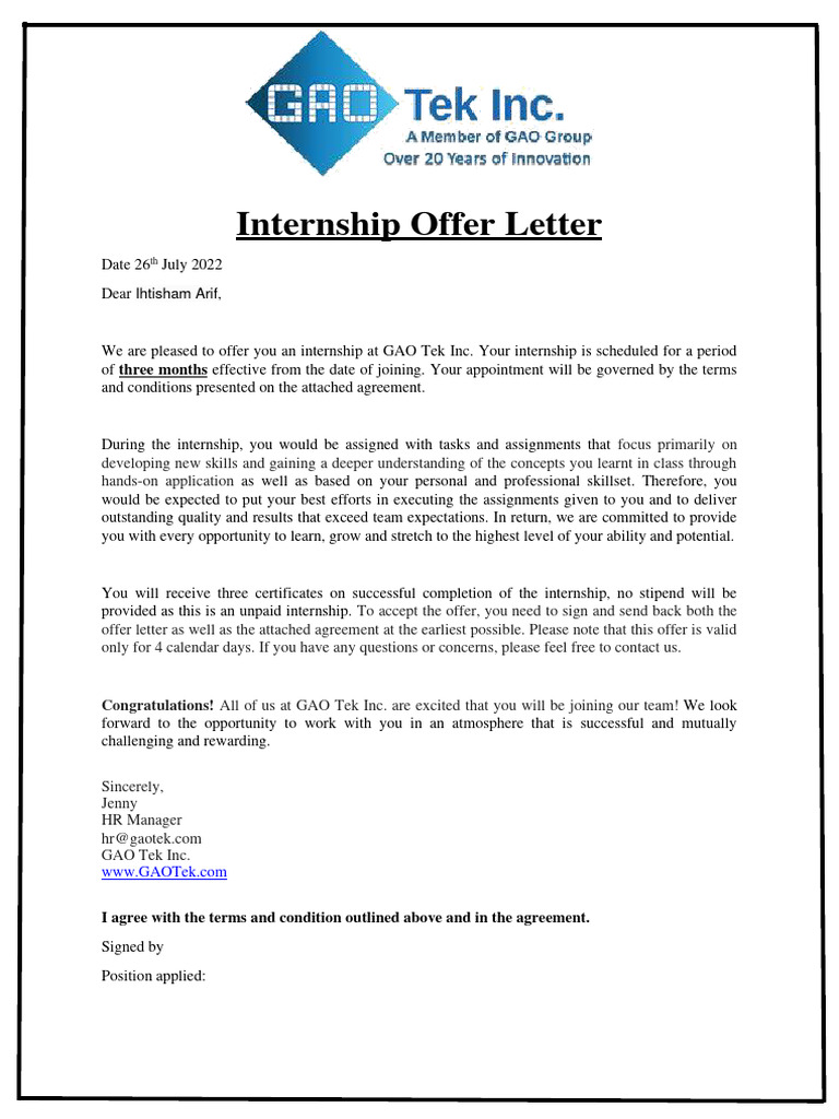 Internship Offer Letter - GAO Tek Inc | PDF | Business