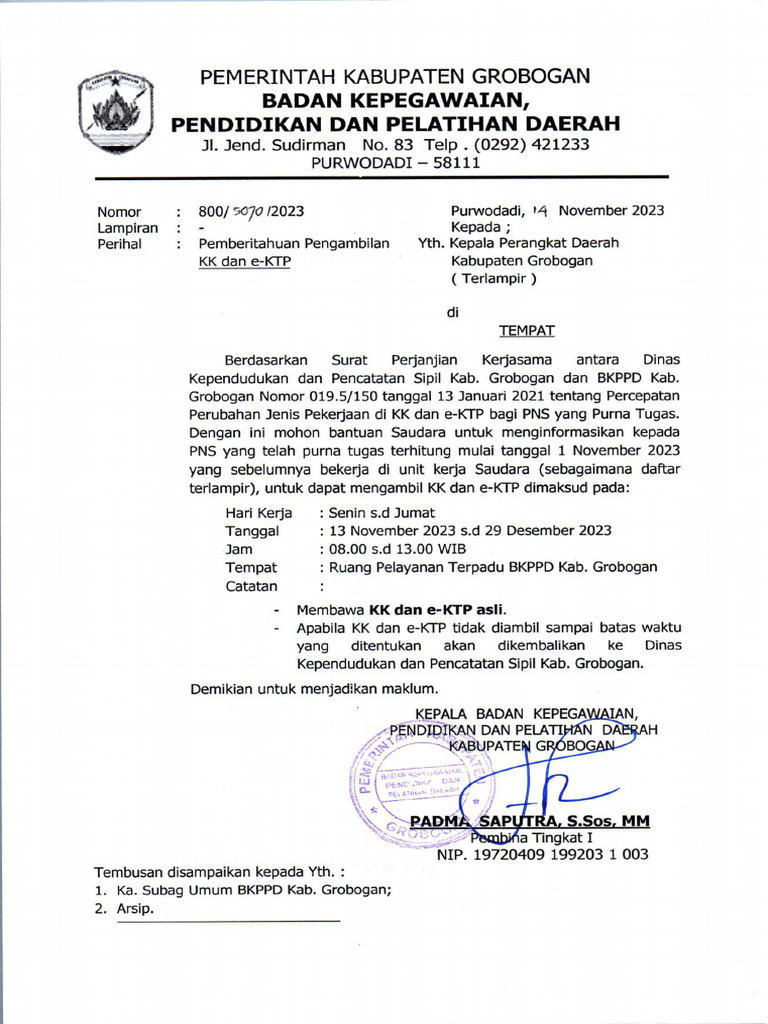 PEMBERITAHUAN PENGAMBILAN KK DAN e-KTP BAGI PNS PENSIUN TMT 01-11-2023 | PDF