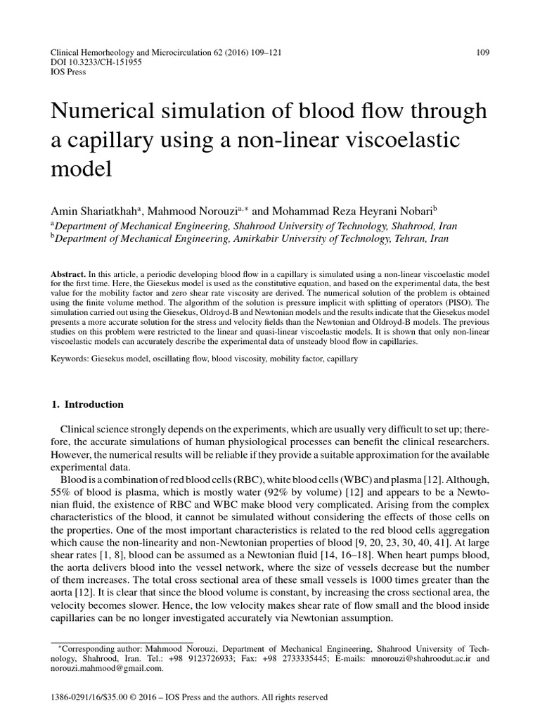 Numerical Simulation of Blood Flow Through A Capillary Using A Non-Linear Viscoelastic Model ...