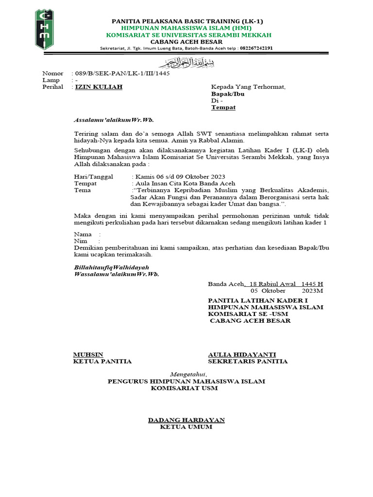 Surat Izin Perkuliahan | PDF