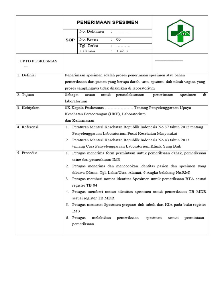 Sop Penerimaan Spesimen | PDF