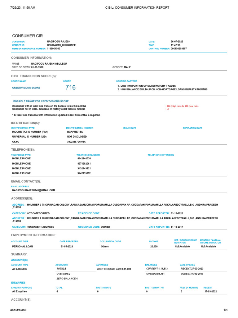 Rajesh Cibil - Consumer Information Report | Download Free PDF | Loans ...