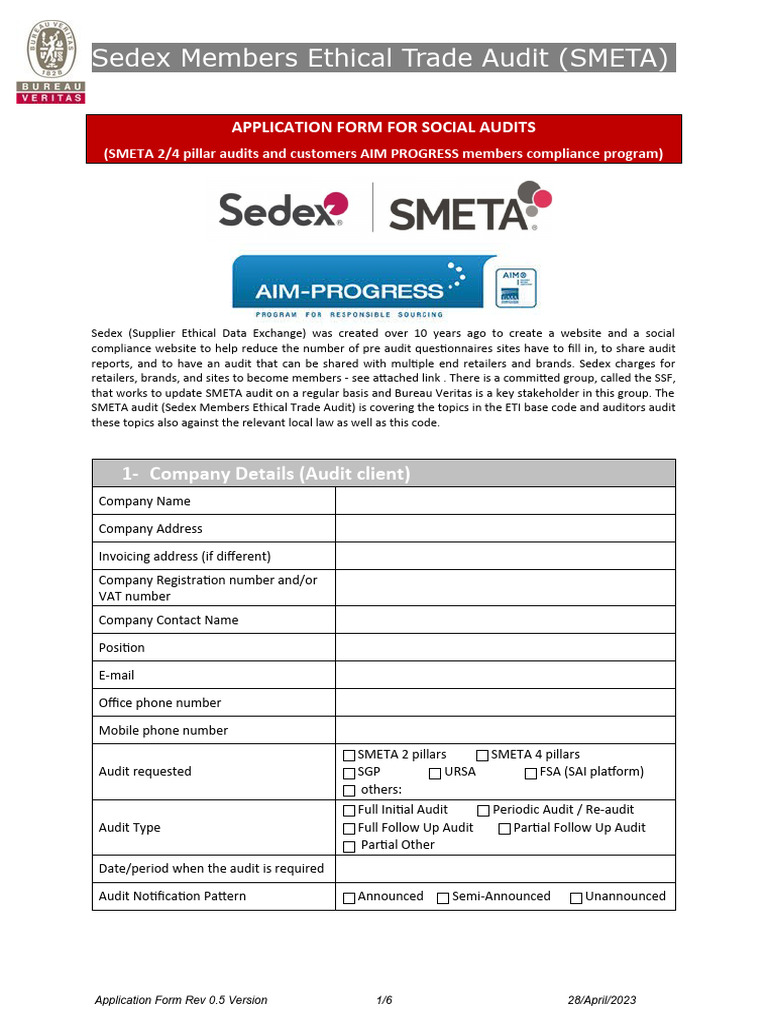 SF01- Application Form - Social Audit SMETA & AIM PROGRESS | PDF ...