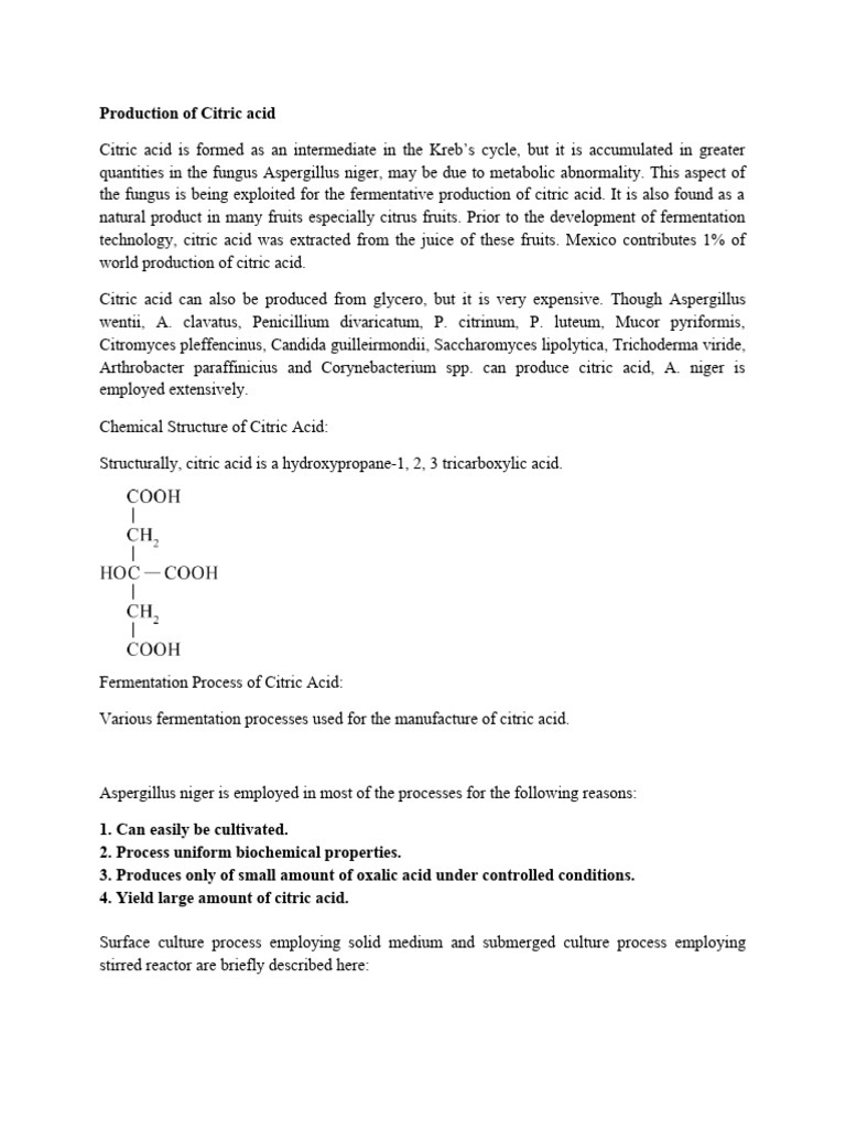 Production of Citric Acid | PDF | Molasses | Sucrose