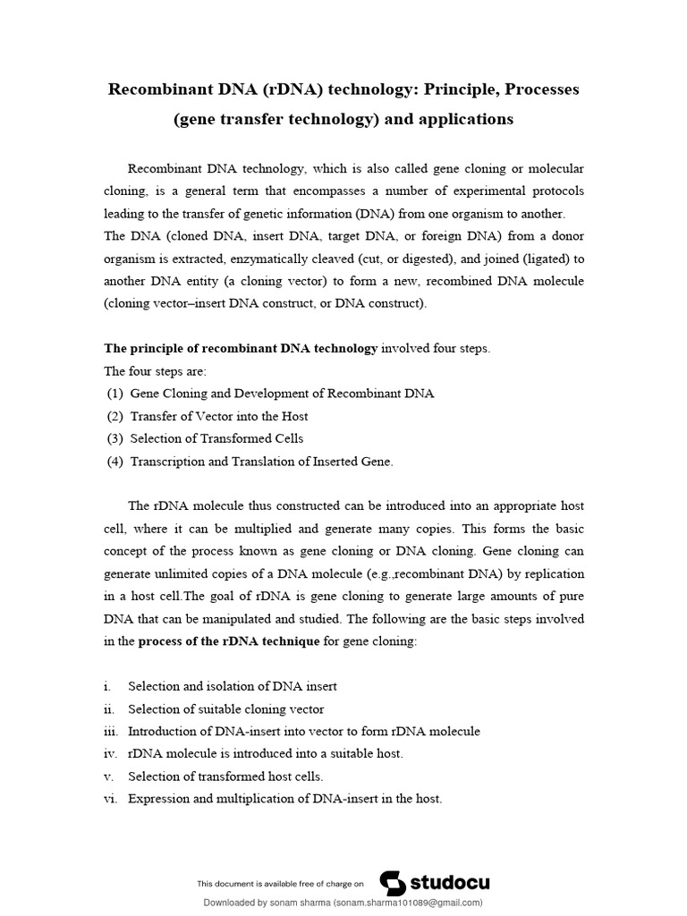 Recombinant DNA Technology | PDF | Molecular Cloning | Recombinant Dna