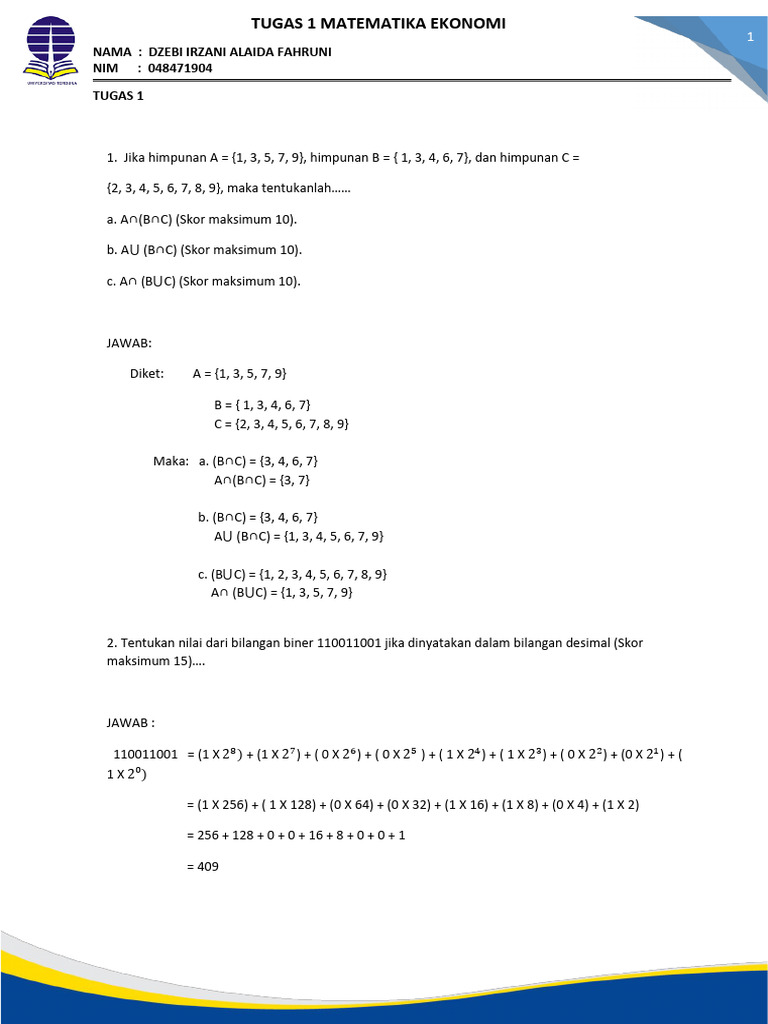Tugas 1 Matematika Ekonomi | PDF