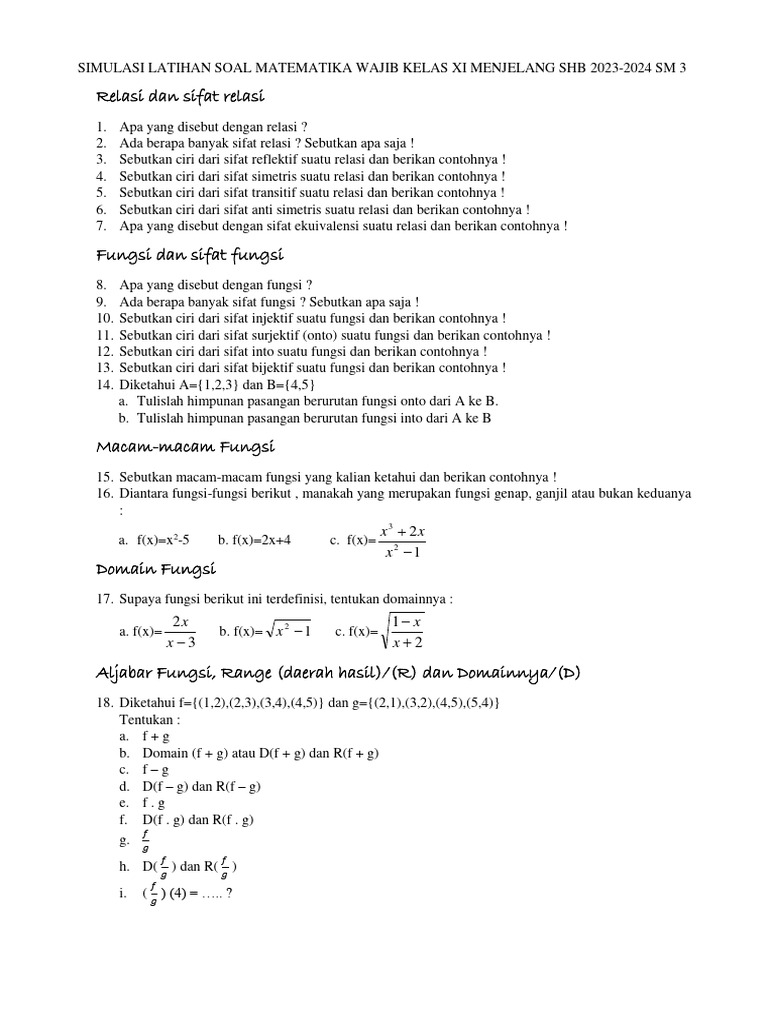 Simulasi Lat-Soal Mat-Wajib Kls-Xi Menjelang SHB 2023-2024 | PDF