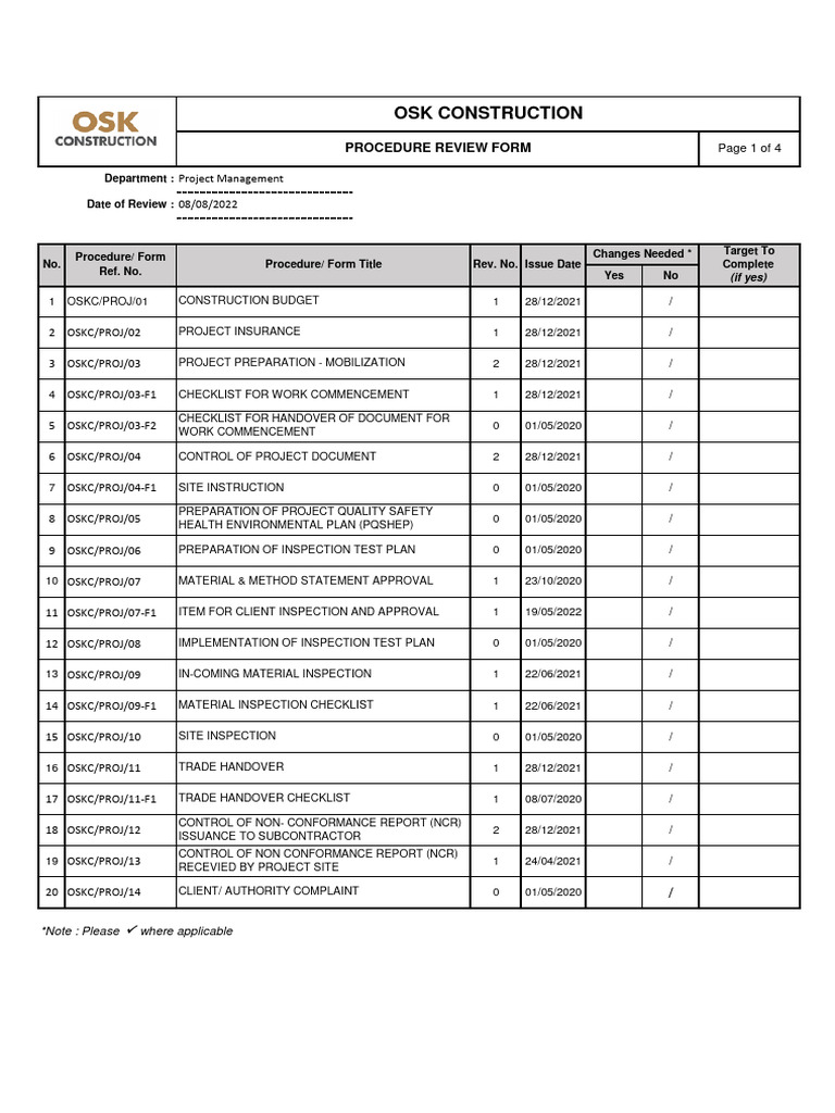 Project - IsO Procedure Review Form 2022(OSKC)2 | PDF | Evaluation ...