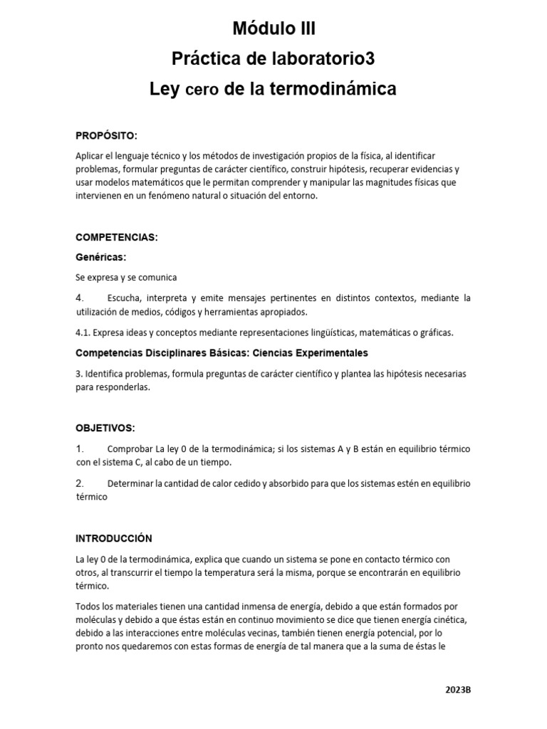Practica 3 Ley Cero Termodinamica | PDF | Termodinámica | Calor