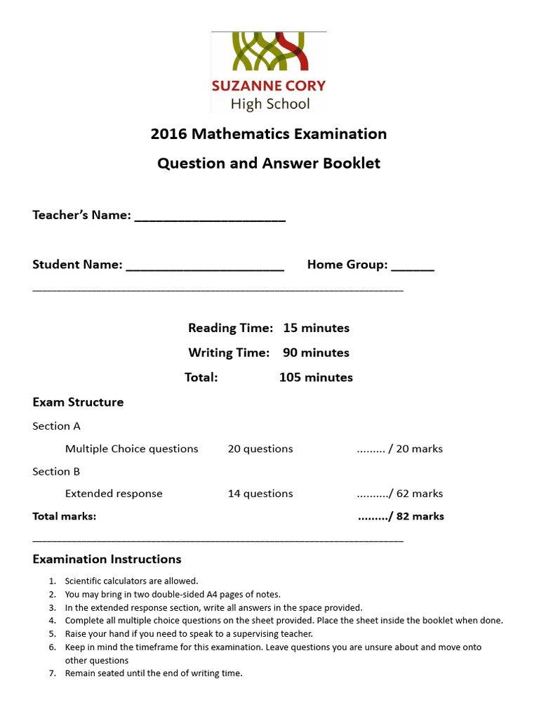 2016 YEAR 9 MATHS EXAM.docx | PDF | Multiple Choice | Mode (Statistics)