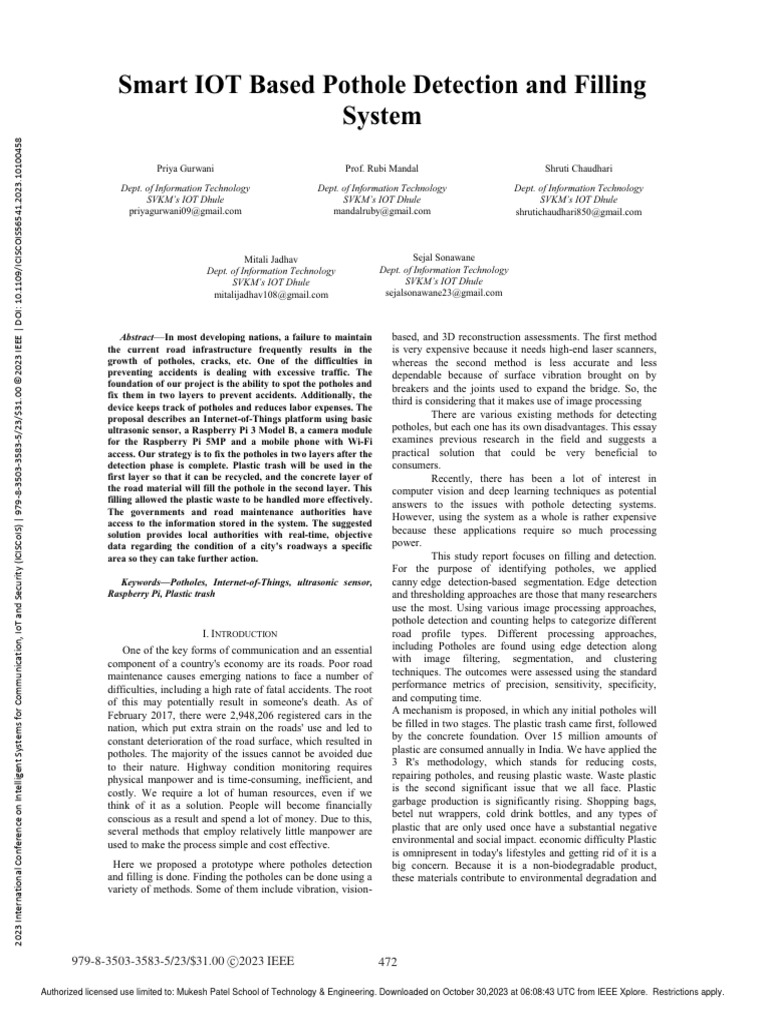 Smart Iot Based Pothole Detection And Filling System Pdf Internet Of Things Ultrasound
