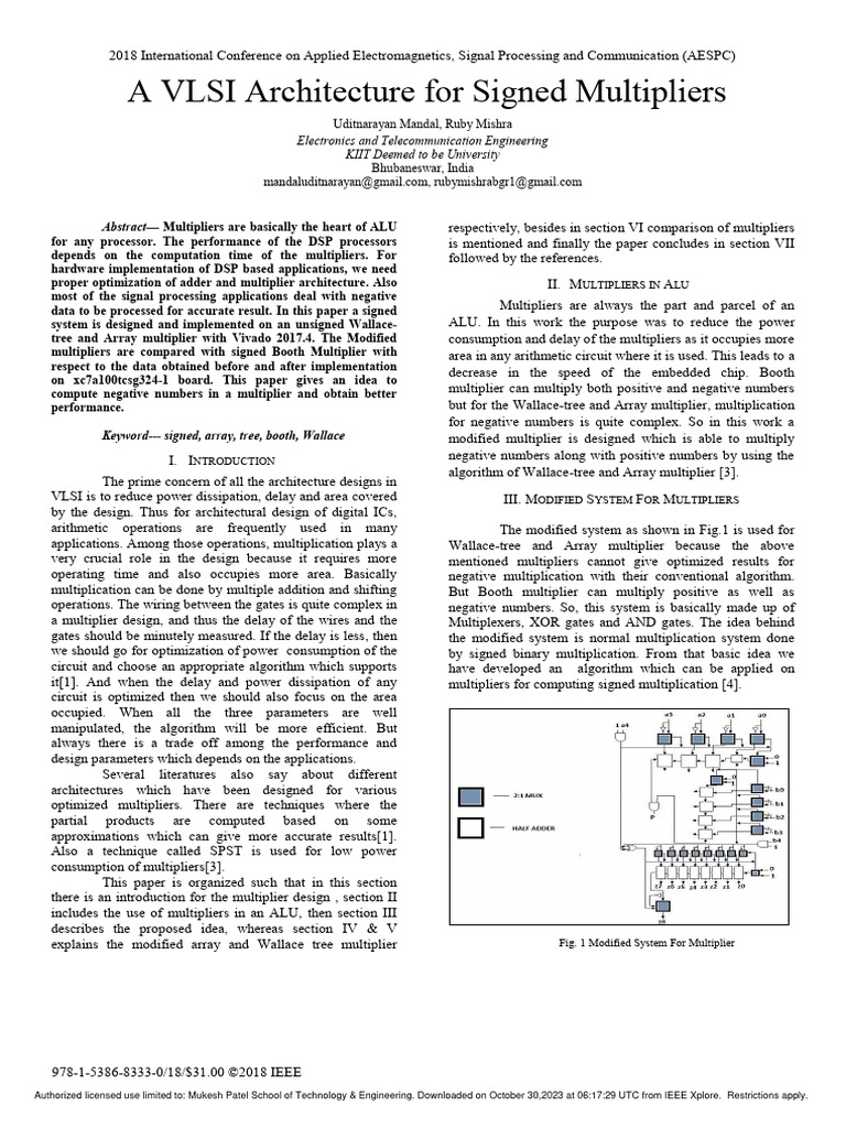 A VLSI Architecture For Signed Multipliers | PDF | Logic Gate | Algorithms
