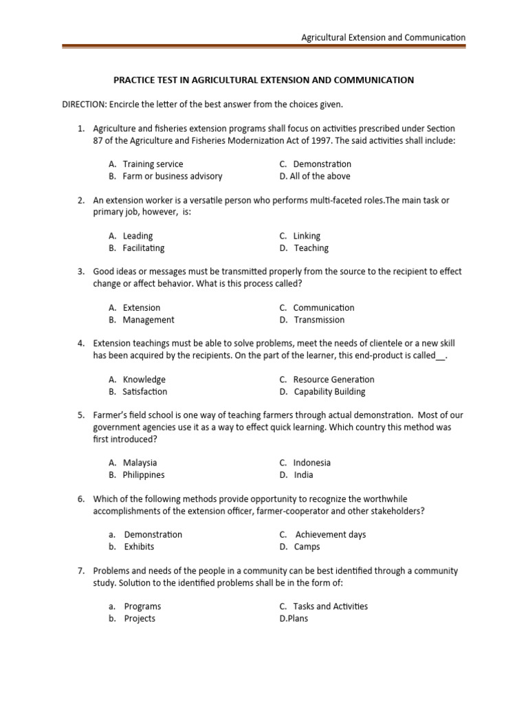 Agricultural Extension Practice Test | PDF | Communication | Information