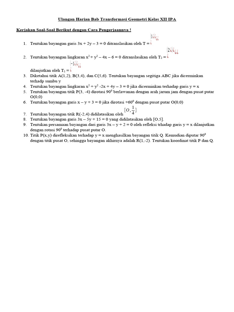 Ulangan Harian Bab Transformasi Geometri Kelas XII IPA | PDF