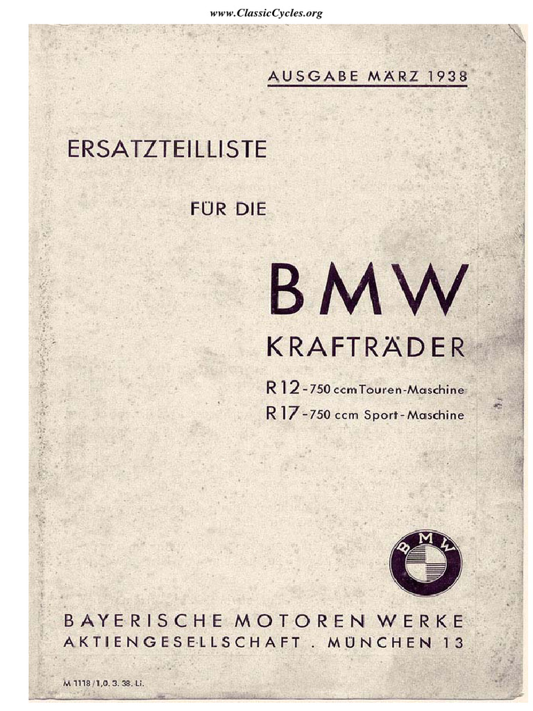 BMW R12 R17 Ersatzteilliste Illustrated Parts List Diagram Manual 1938 ...