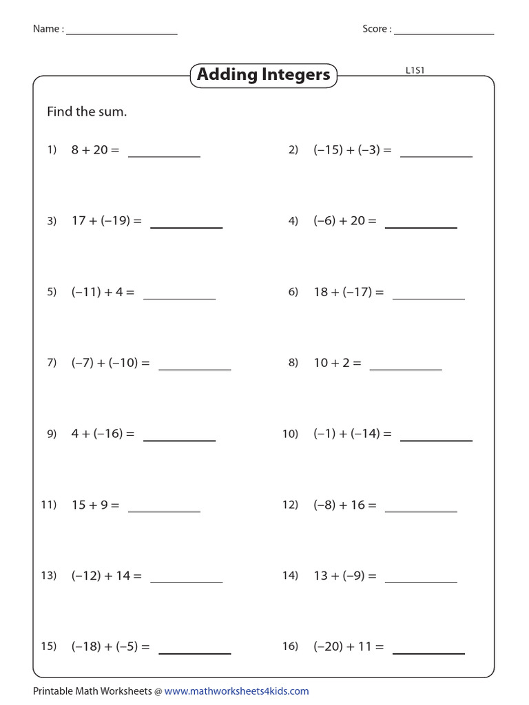 Integers - Addition Subtraction - Add Level1 All | PDF | Arithmetic | Mathematics
