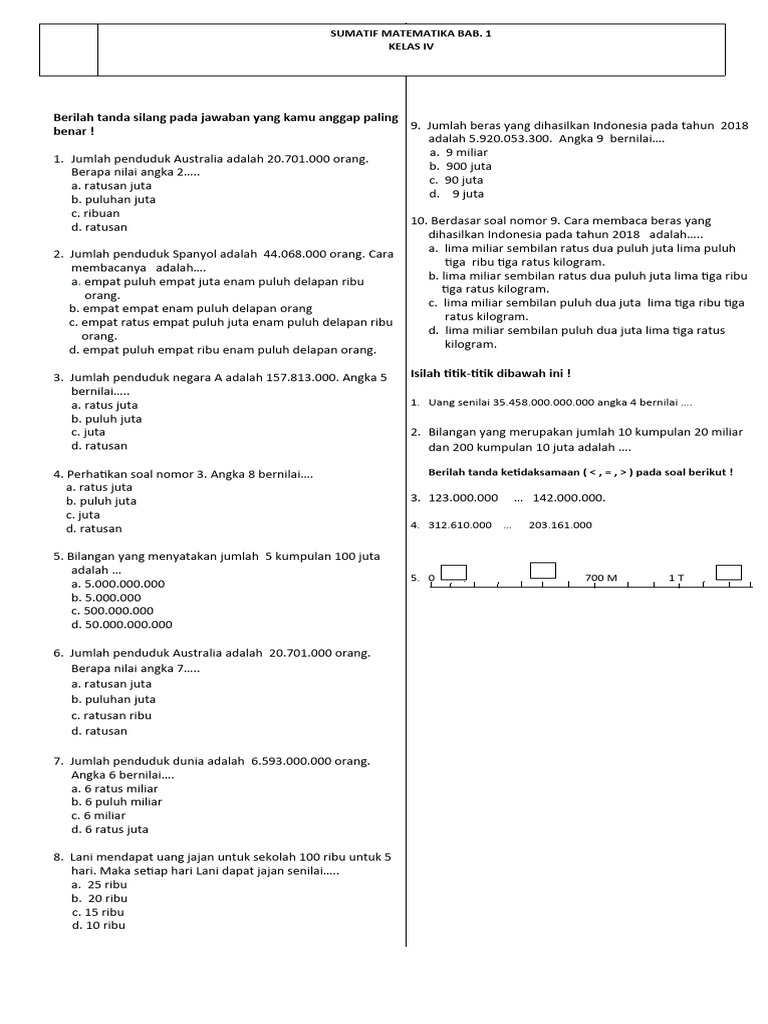 Sumatif Matematika Bab 1 | PDF