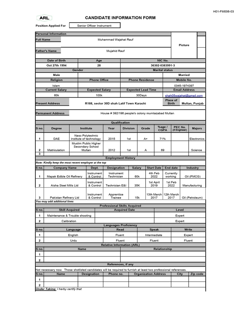 2 - Candidate Information Form (Filled) | PDF