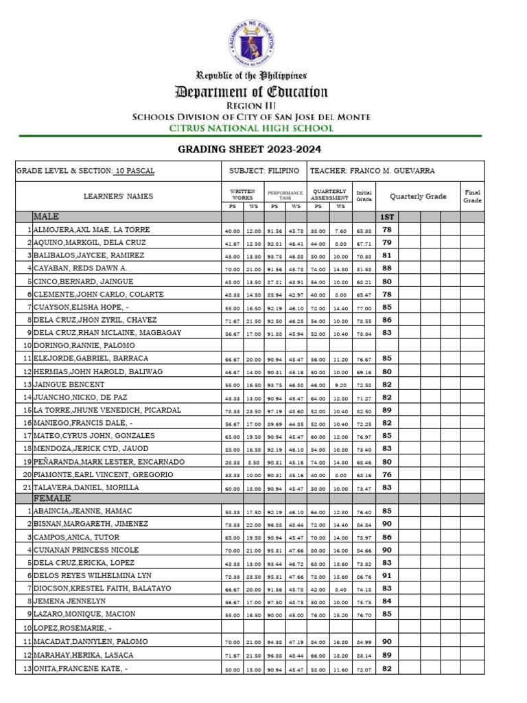 Grading Sheet 10 Pascal 2023 | PDF
