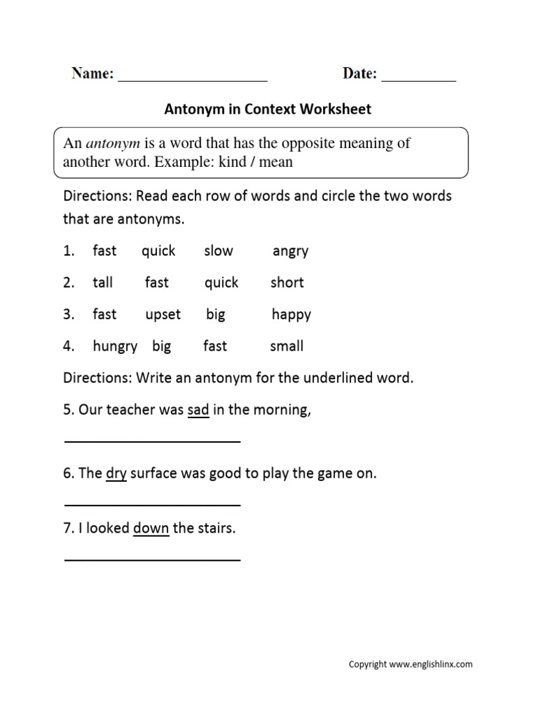 Antonym in Context Worksheet | PDF | Career & Growth | Language Arts ...