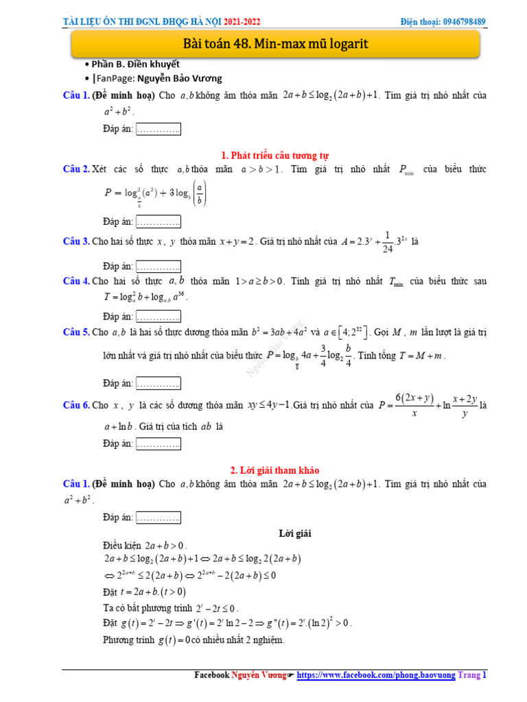 Bài Toán 48. Min-Max Mũ Logarit | PDF