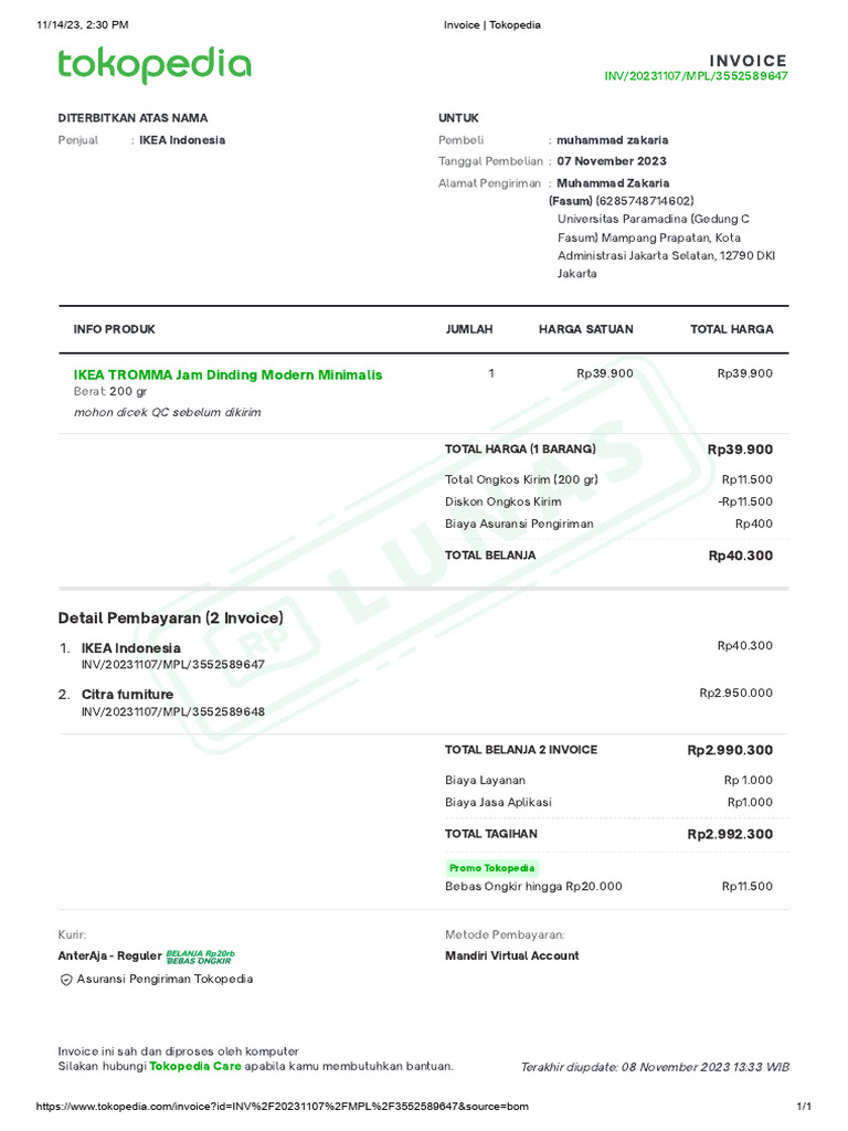 Invoice - Tokopedia - Jam Dinding UPPS | PDF