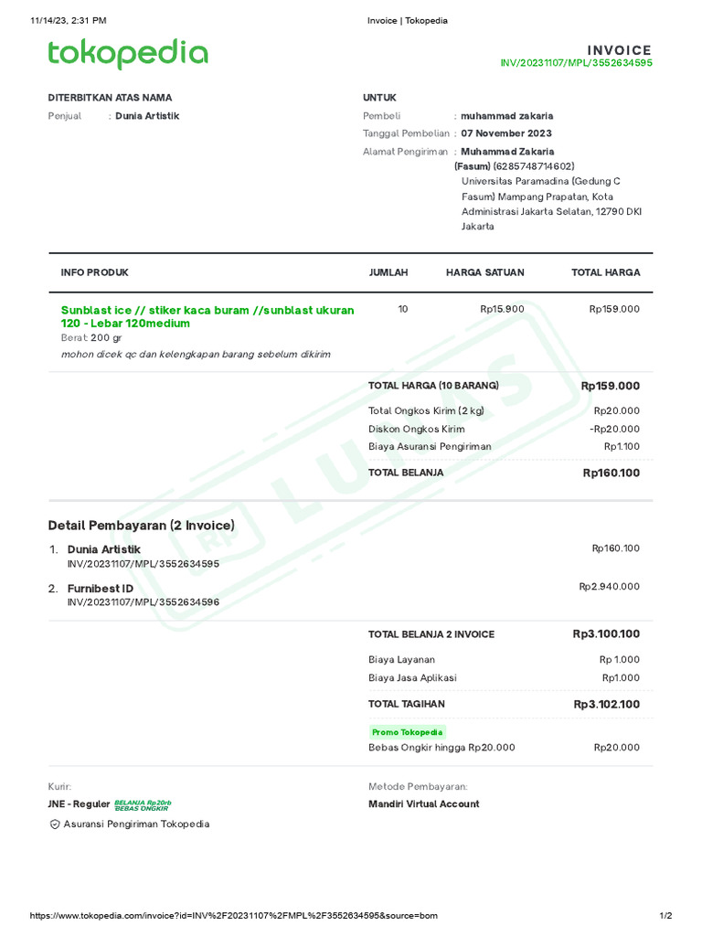Invoice - Tokopedia - Sunblast UPPS | PDF