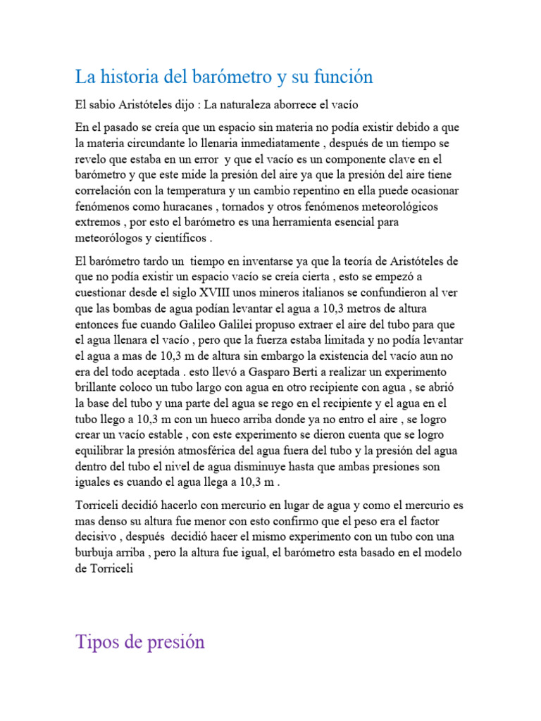 La Historia Del Barómetro y Su Función | PDF | Presión | Vacío