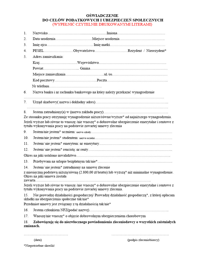 OŚWIADCZENIE DO CELÓW PODATKOWYCH 2023 Właściwe | PDF
