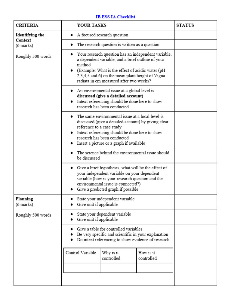 ESS IA Checklist | PDF | Data | Experiment