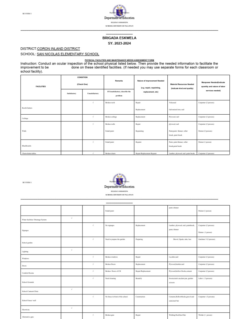 Sdopal Be Form 1 Physical Facilities and Maintenance Needs Assessment ...